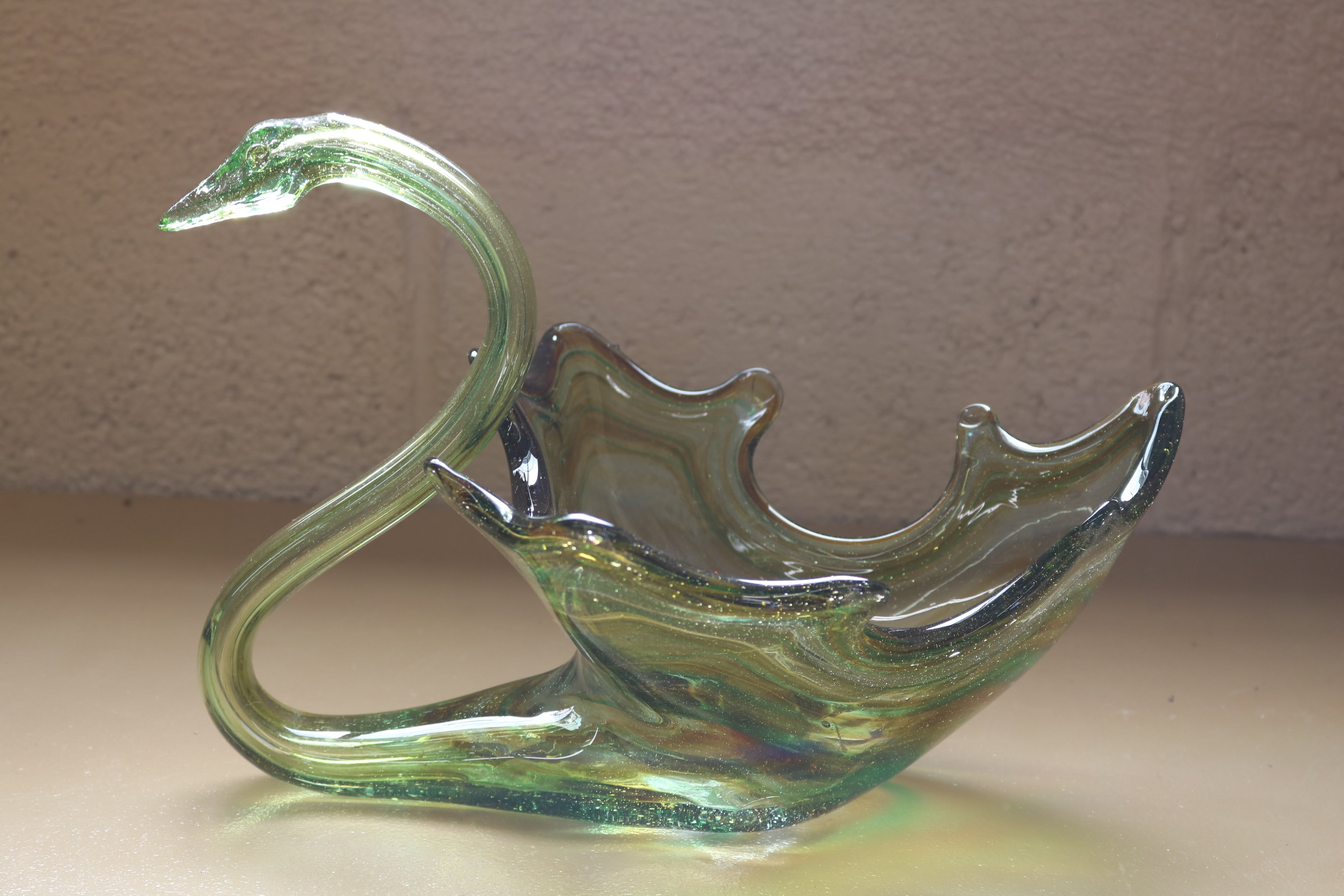 1970s Sooner Glass Green Swan Bowl with Ruffled Rim